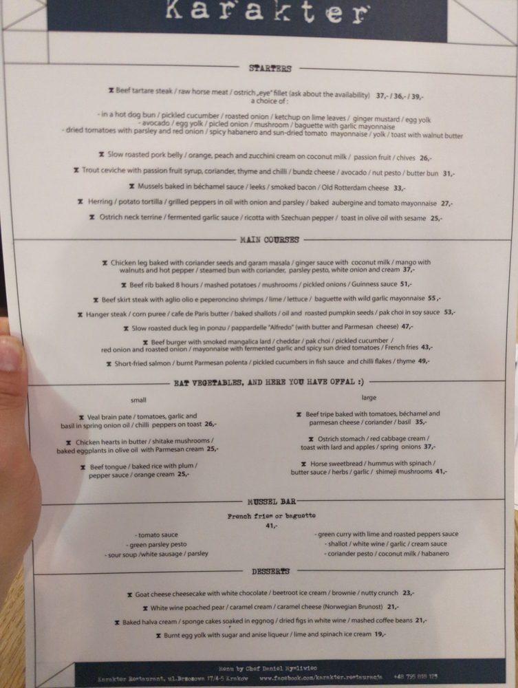 Menu at Karakter restaurant, Kraków