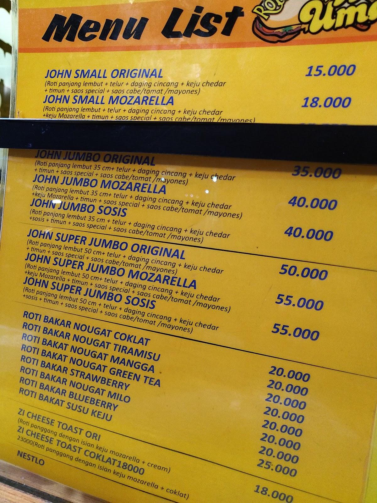 Menu at Roti John & Roti Bakar Wak Umay, Tasikmalaya, Jl. Galunggung No.23