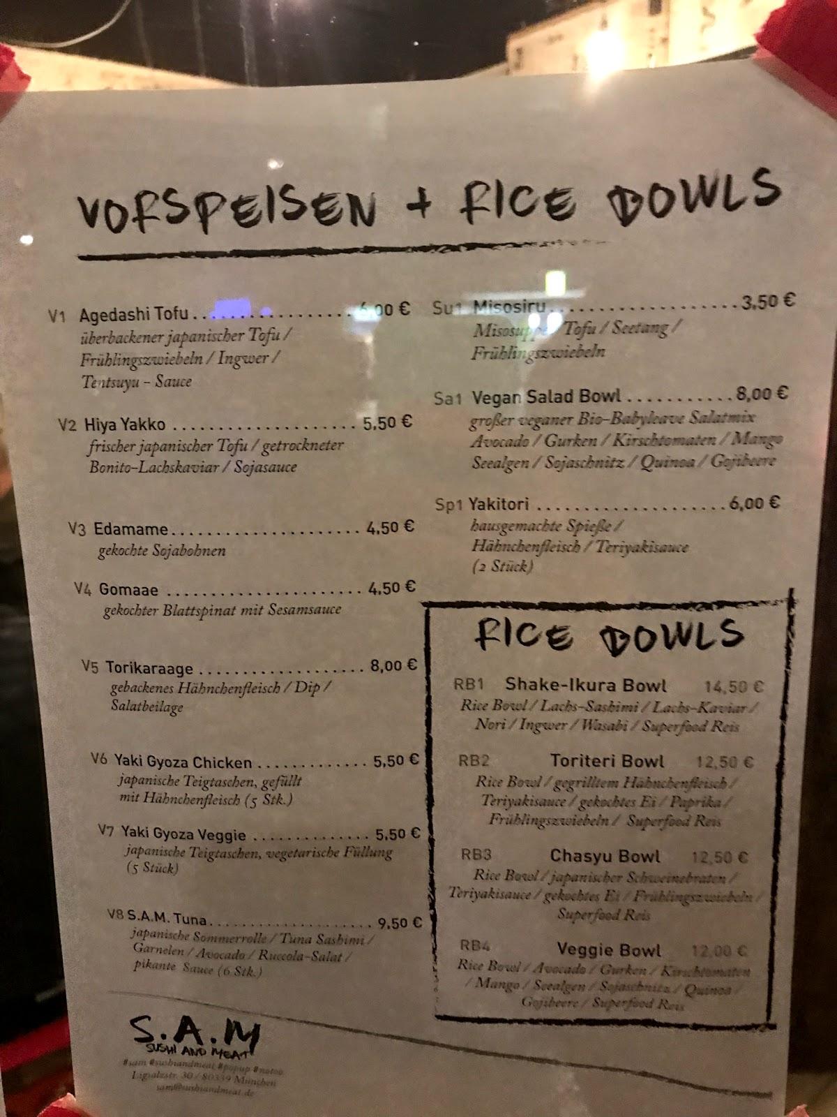 Menu at SAM - sushi and meat restaurant, Munich, Ligsalzstraße 30