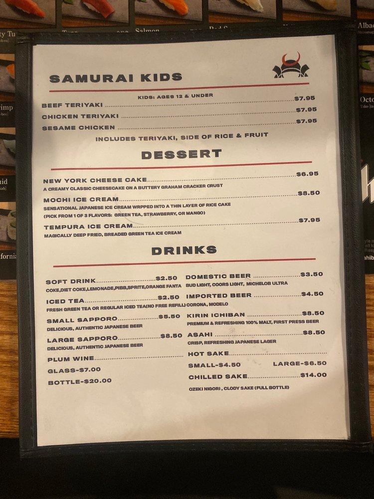 Menu at Samurai Sushi Bar, Hanford