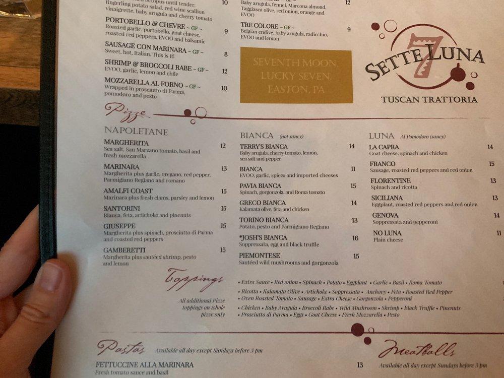 Menu at Sette Luna restaurant, Easton