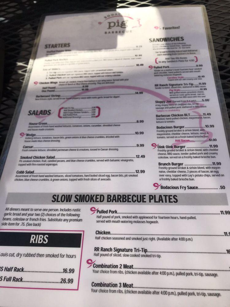 Menu at Bodacious Pig Barbecue, Eagle