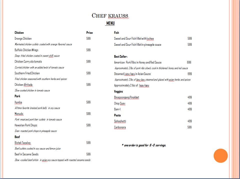 Carta del restaurante Chef Krauss, Cebú