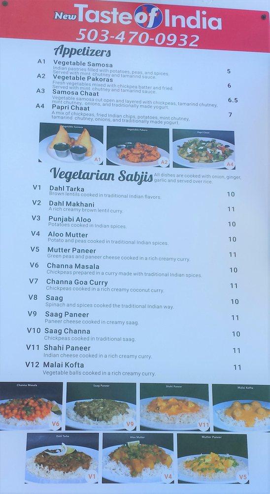 Menu at New Taste of India restaurant, Rockaway Beach