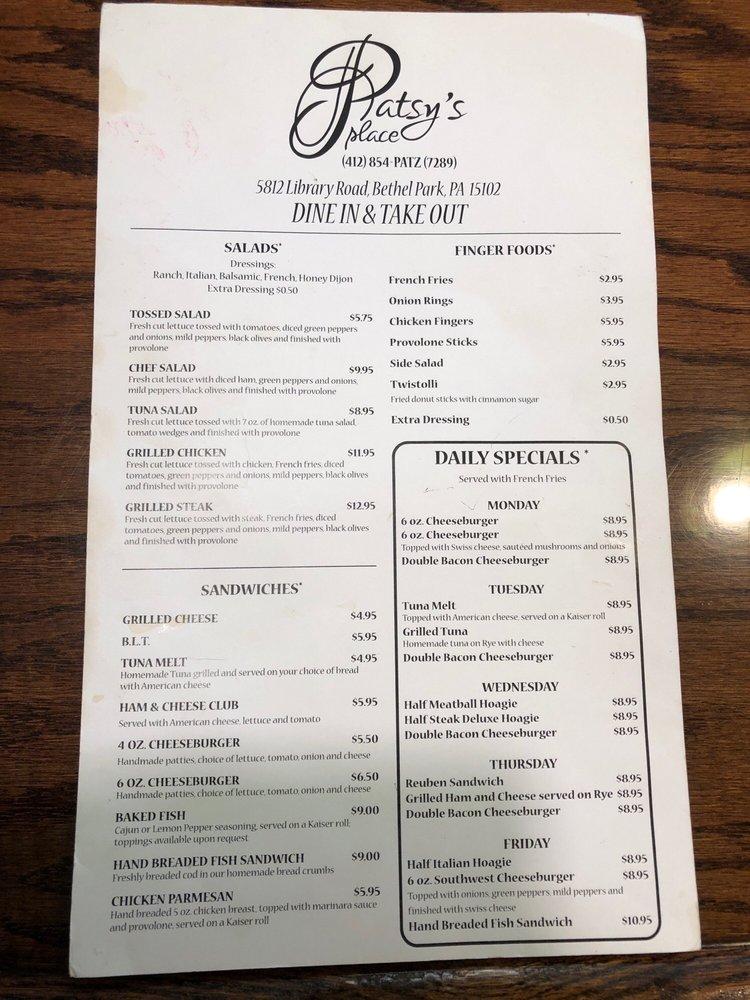 Menu at Patsy's Place restaurant, Bethel Park