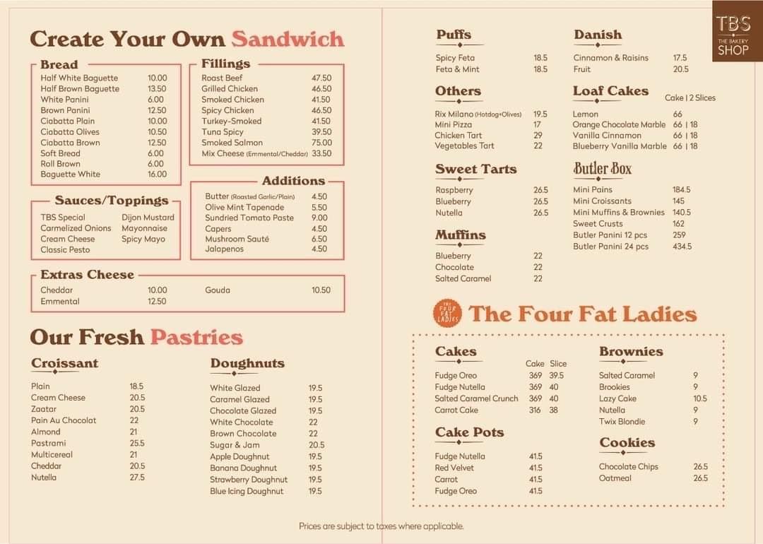 Speisekarte von TBS - The Bakery Shop, Al-Mansura