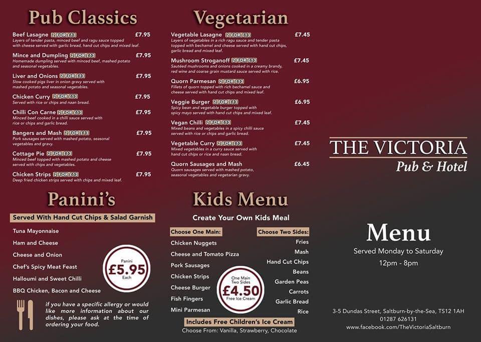 Menu at Victoria Pub, Saltburn-by-the-Sea, 3-5 Dundas St E