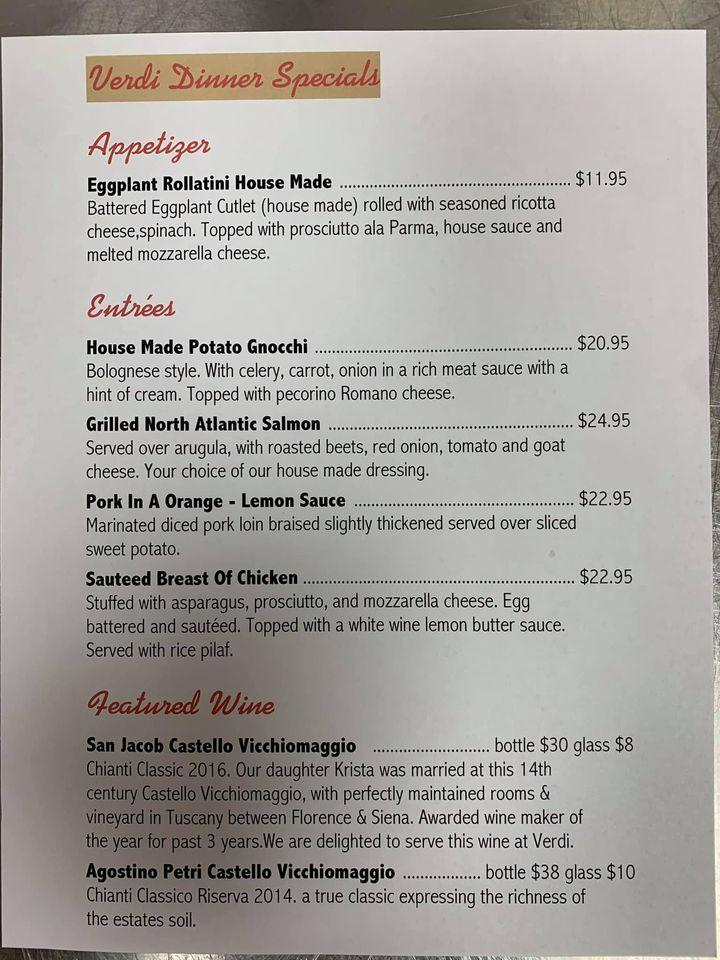 Menu at Verdi restaurant, Waterbury