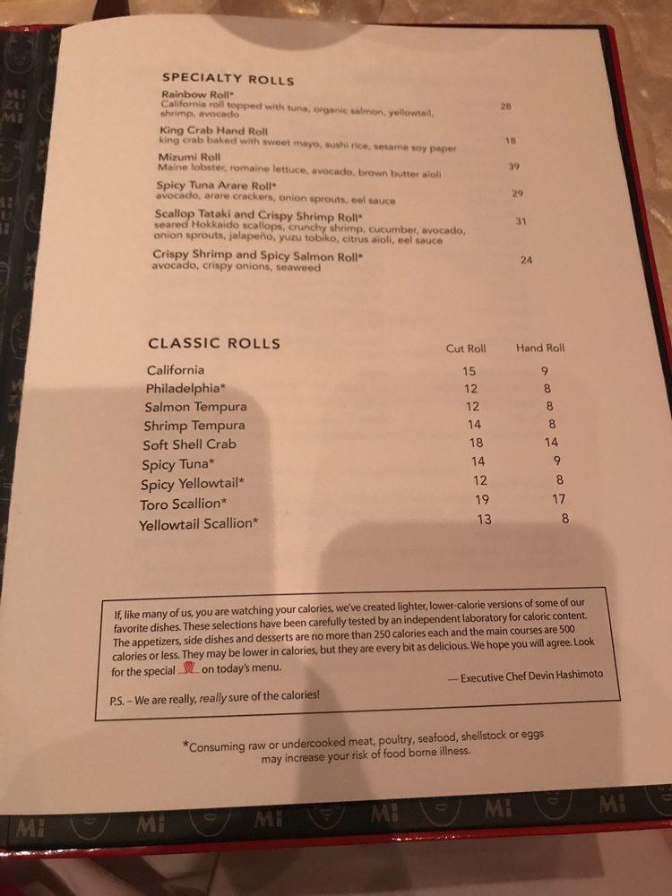 Menu at Mizumi restaurant, Las Vegas