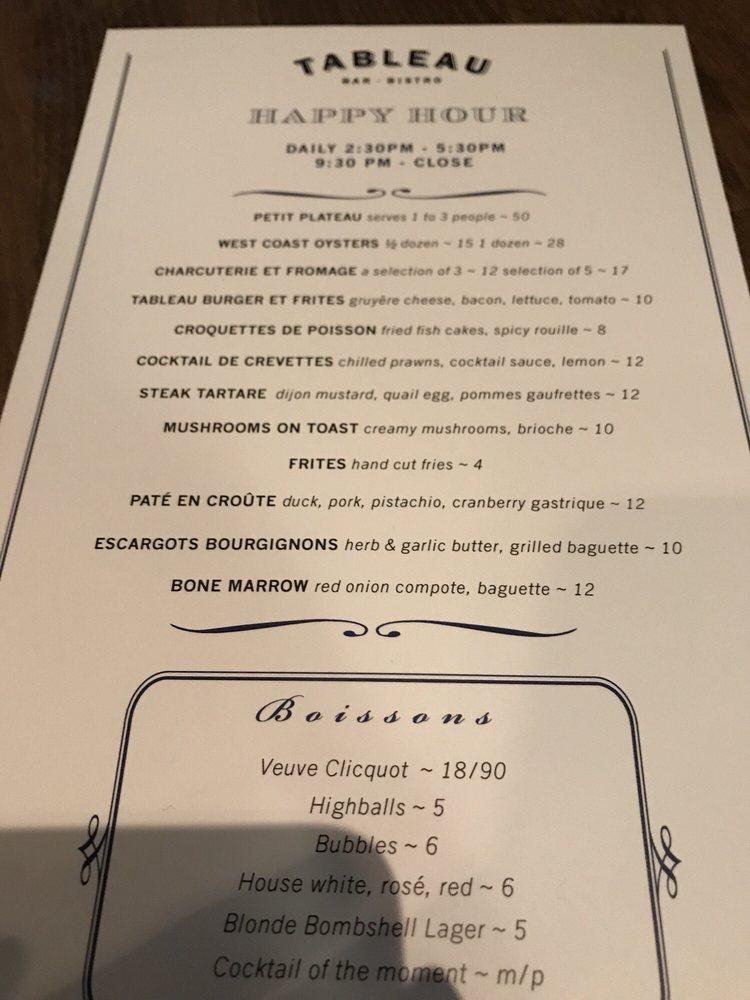 Menu at Tableau Bar Bistro, Vancouver