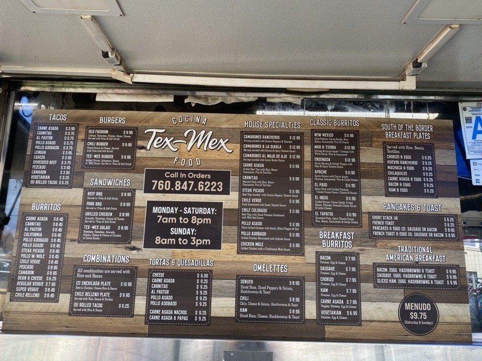 Menu at Tex Mex restaurant, Valley Center