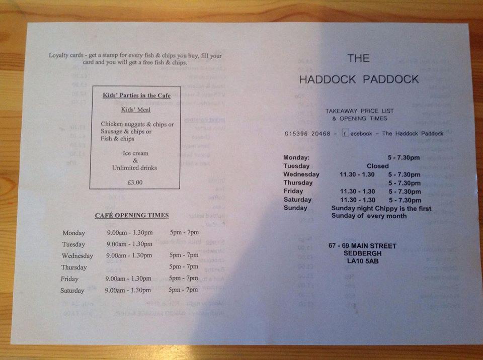 Carta de comida rápida The Haddock Paddock, Sedbergh, 67-69 Main St