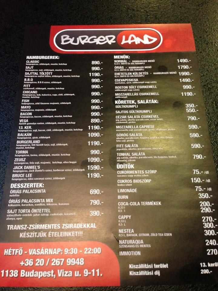 Menu at Burgerland restaurant, Budapest, Viza u.
