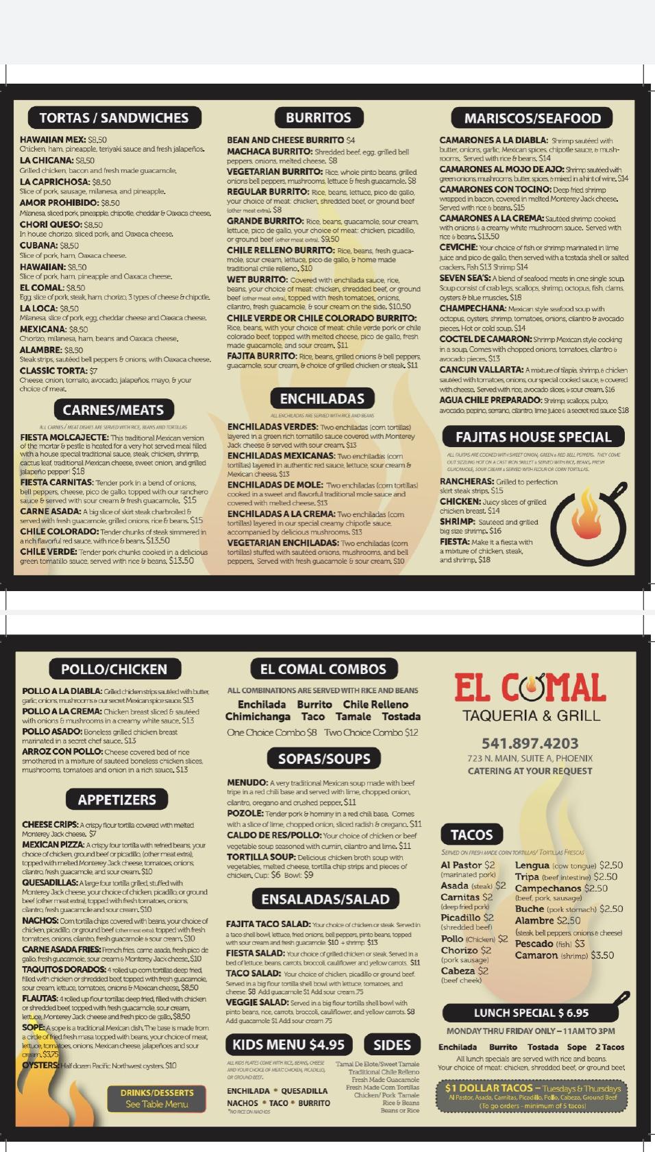 Menu at El Comal Taqueria and Grill (Phoenix Or) pub & bar, Phoenix