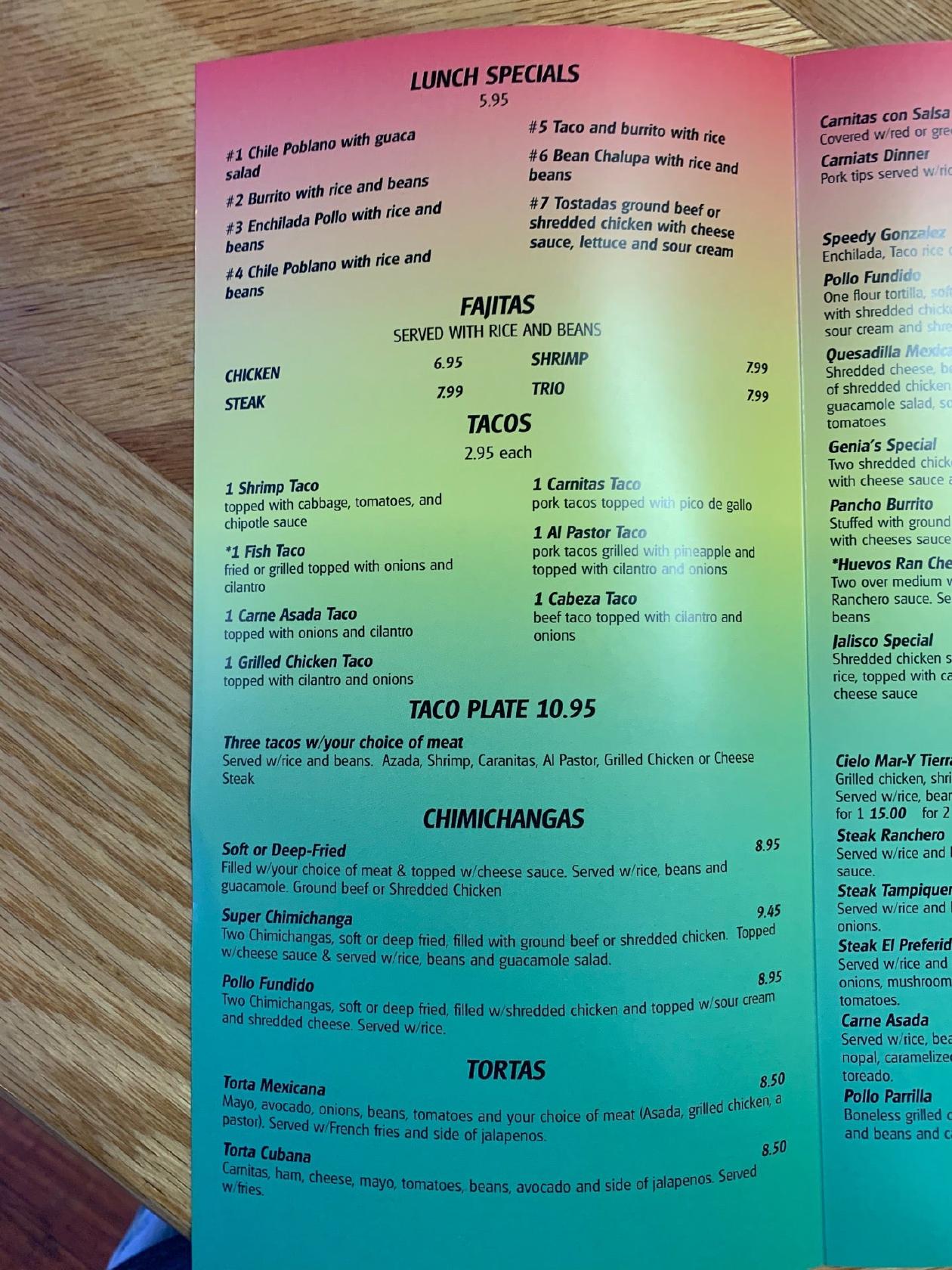 Menu at El Preferido Mexican Restaurant, Clover