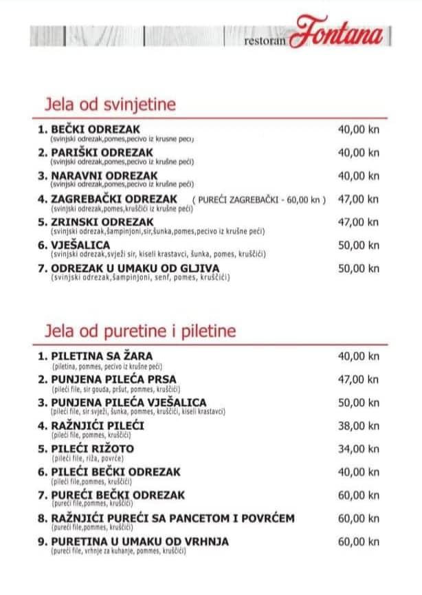Menu at Fontana restaurant, Belišće