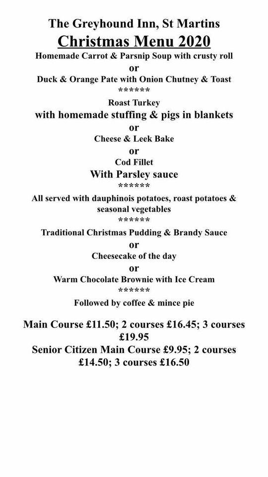 Menu at Greyhound Inn restaurant, Saint Martin's