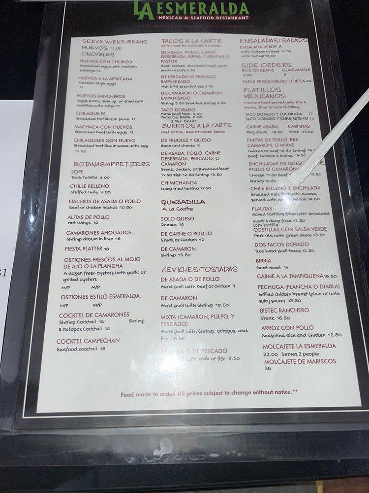 Menu at La Esmeralda Mexican and Seafood Restaurant, Santa Clarita
