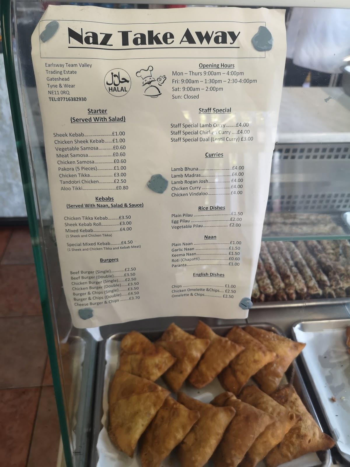 Menu at Naz Takeaway restaurant, Gateshead