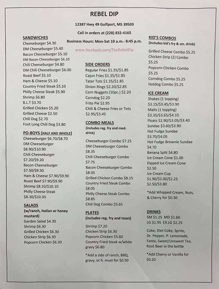 Menu at Rebel Dip restaurant, Gulfport