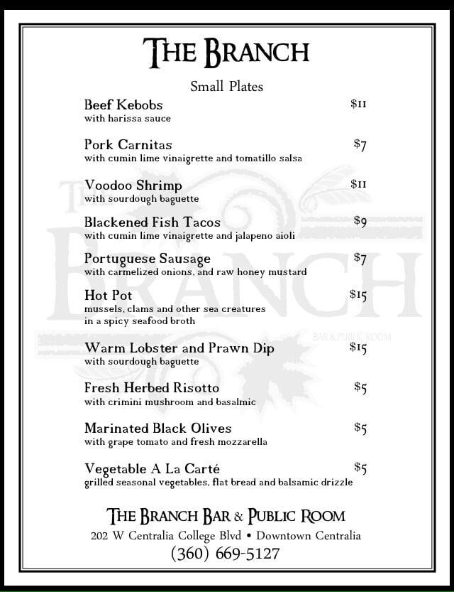 Menu at The Branch Bar & Public Room, Centralia