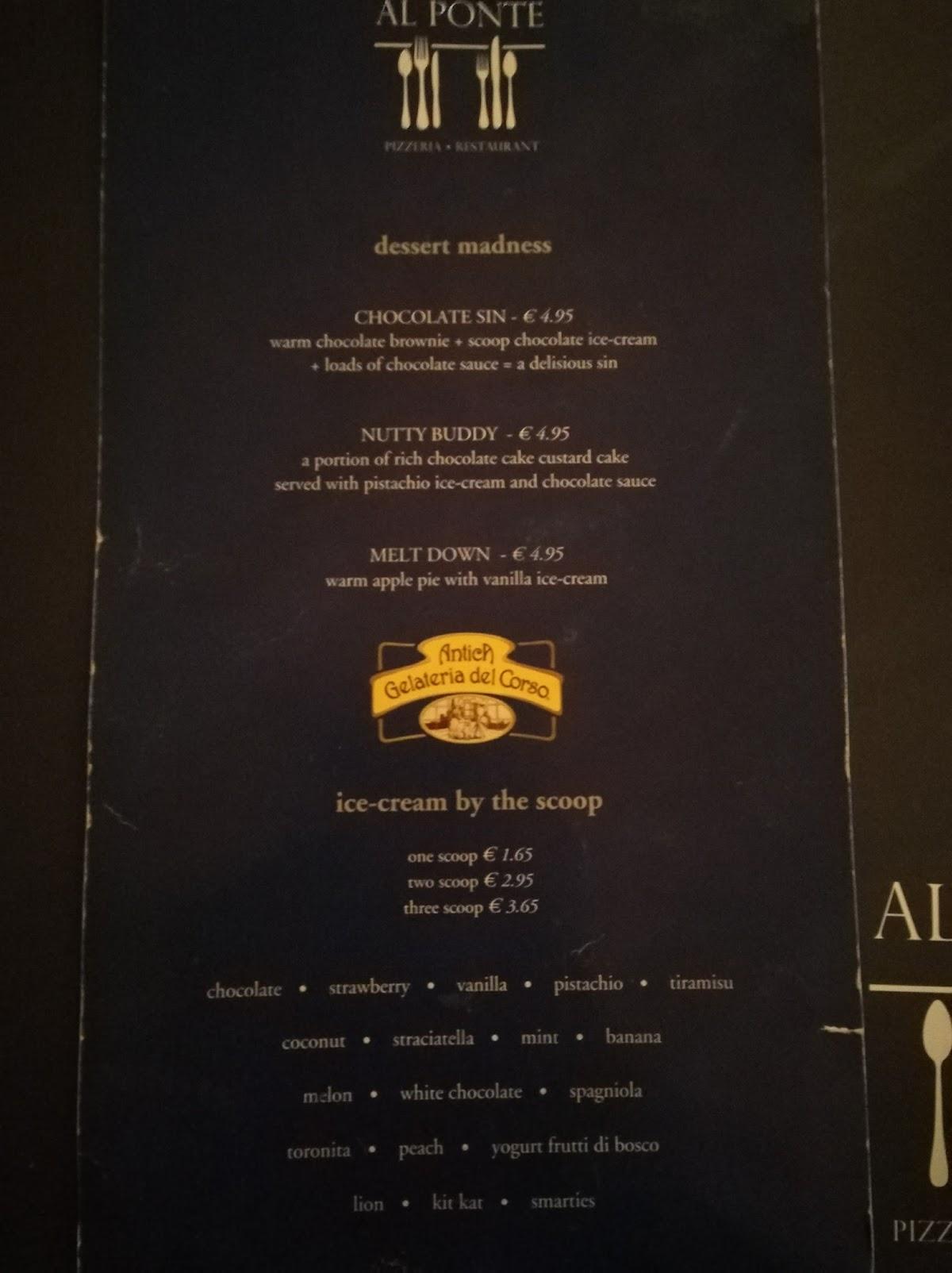 Menu at Al Ponte Restaurant & Pizzeria, Mellieha