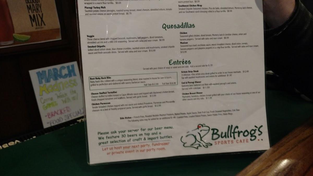 Menu at Bullfrog's Sports Café pub & bar, North Ridgeville