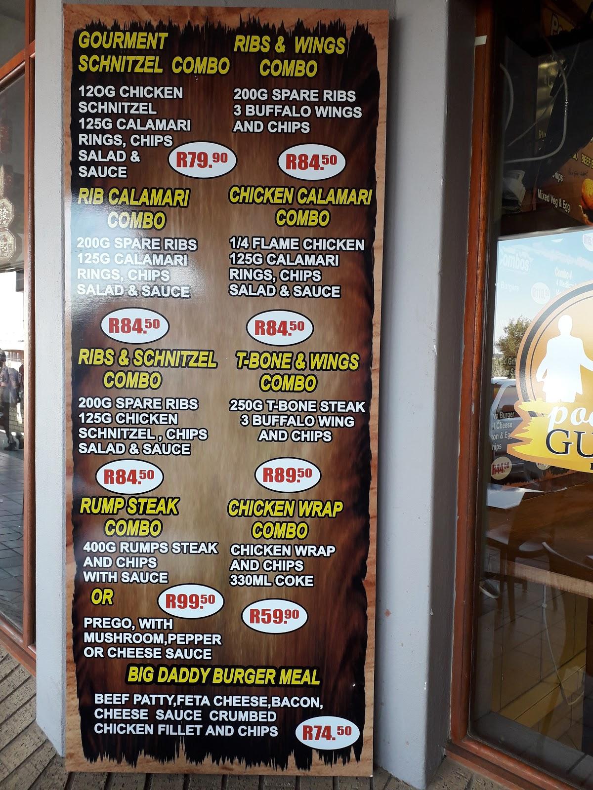 Menu at Poor Guys Fast Food, Pretoria