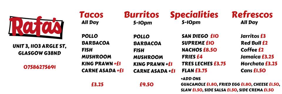 Menu at Rafa's restaurant, Glasgow