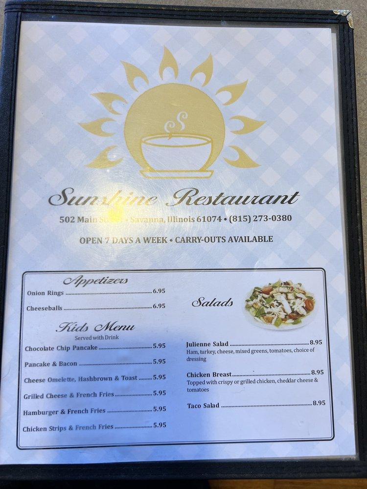 Menu at Sunshine Restaurant, Savanna