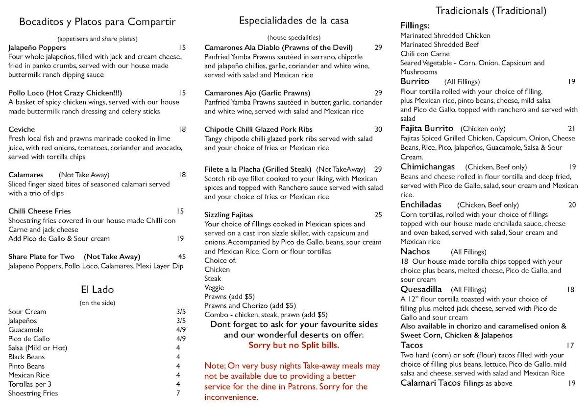 Menu at ThE MEXiCaN restaurant, Yamba