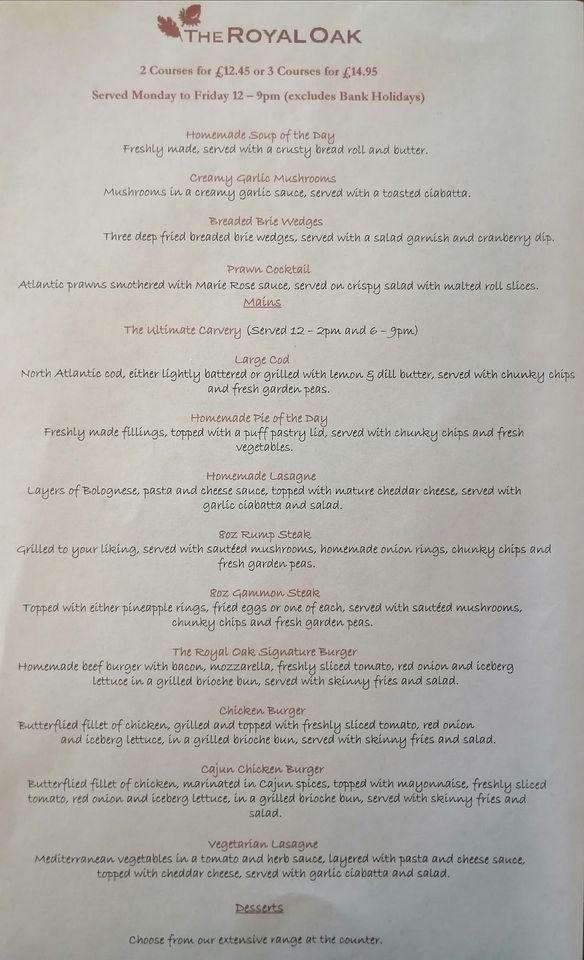 Menu at The Royal Oak pub & bar, Broadwas, On The A44 Between Worcester ...