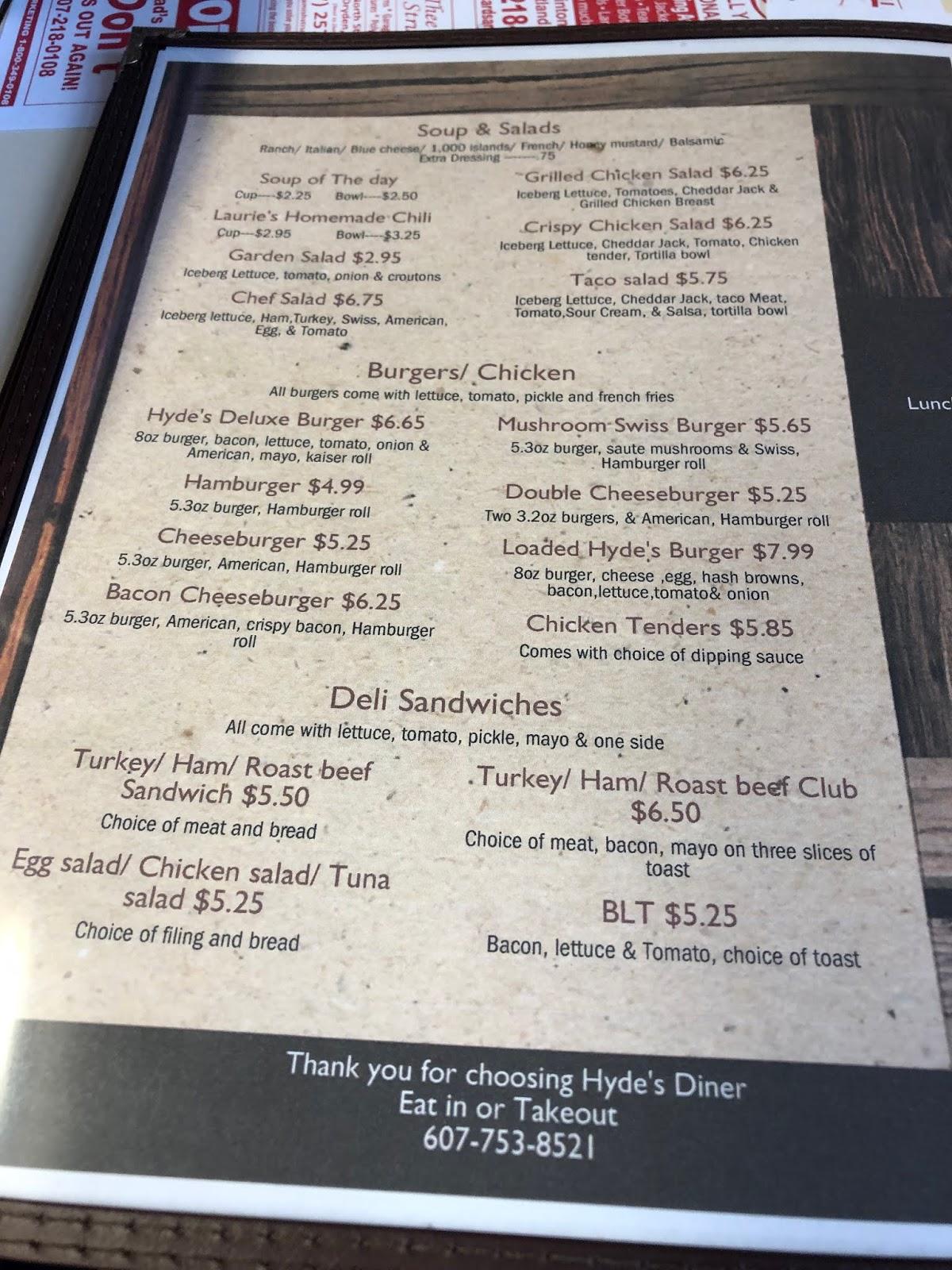 Menu at Hyde's Diner restaurant, Cortland