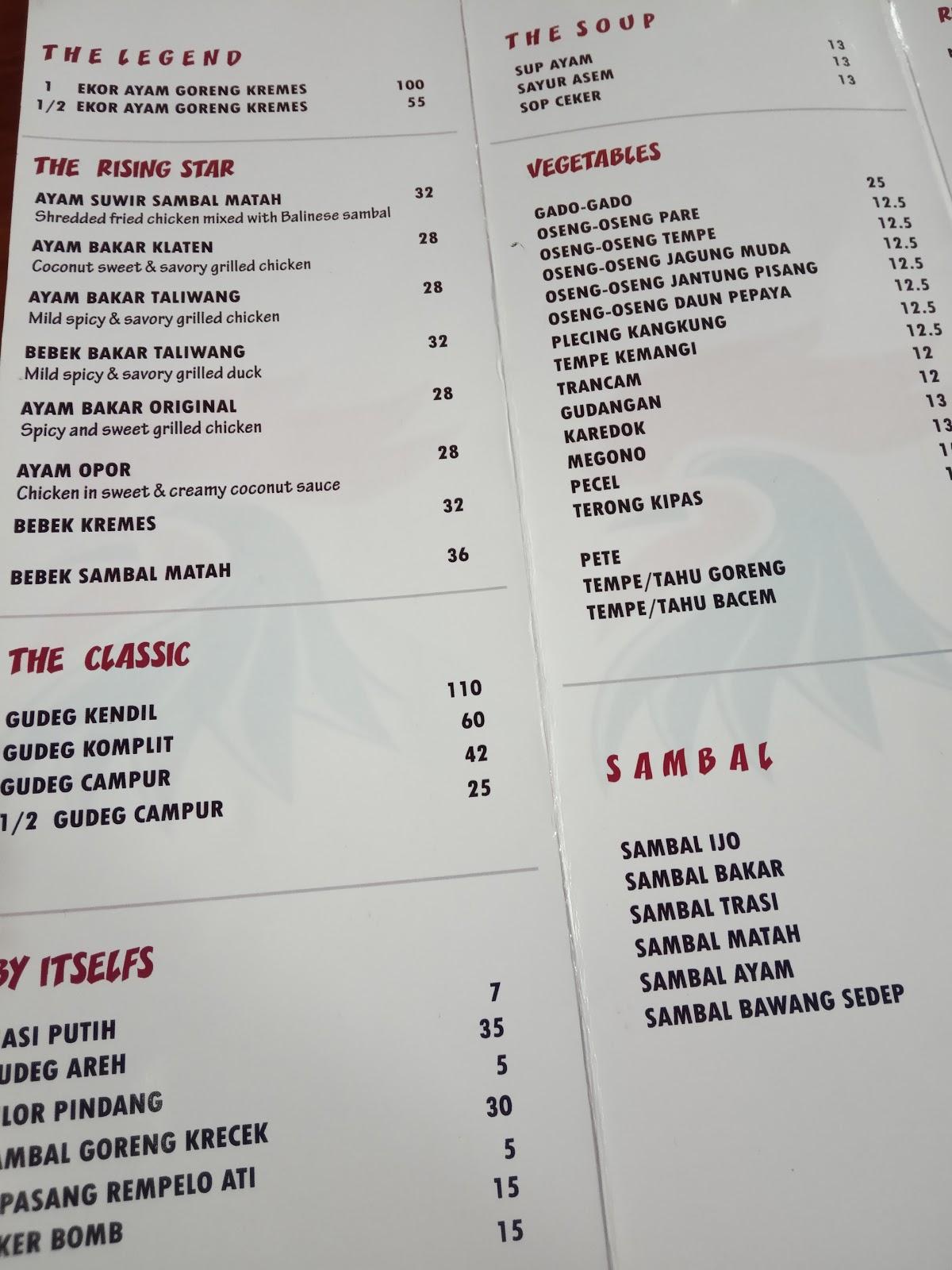 Menu at Mbok Berek DJAGO - Puri restaurant, Semarang