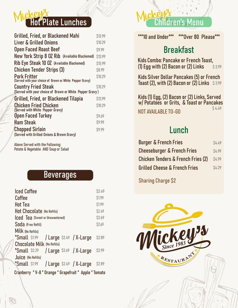 Menu at Mickey's Restaurant, Fort Pierce