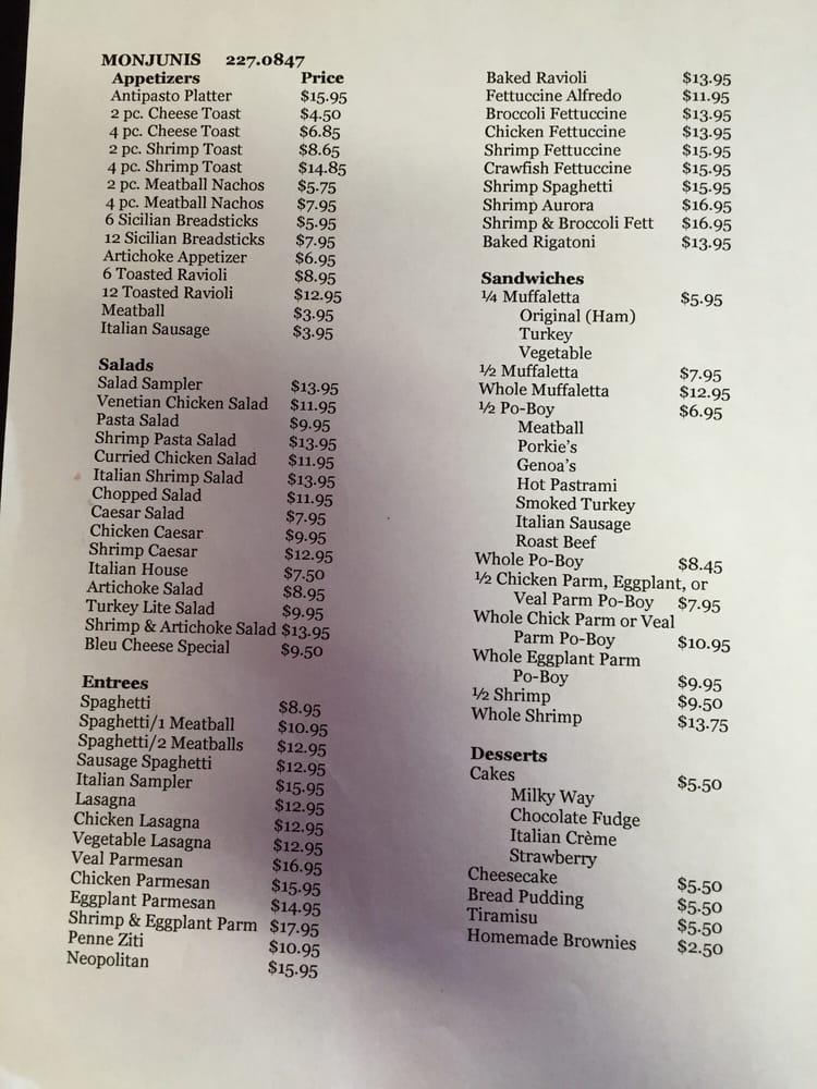 Menu at Monjunis Italian Cafe & Grocery, Shreveport, Louisiana Ave