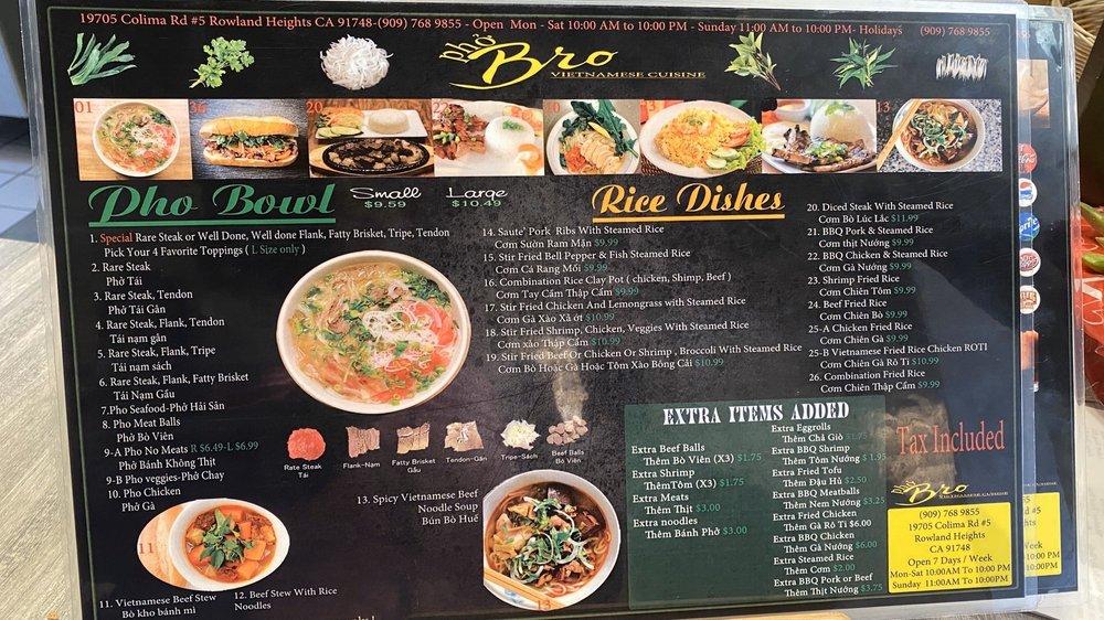 Menu at Pho Bro restaurant, Rowland Heights