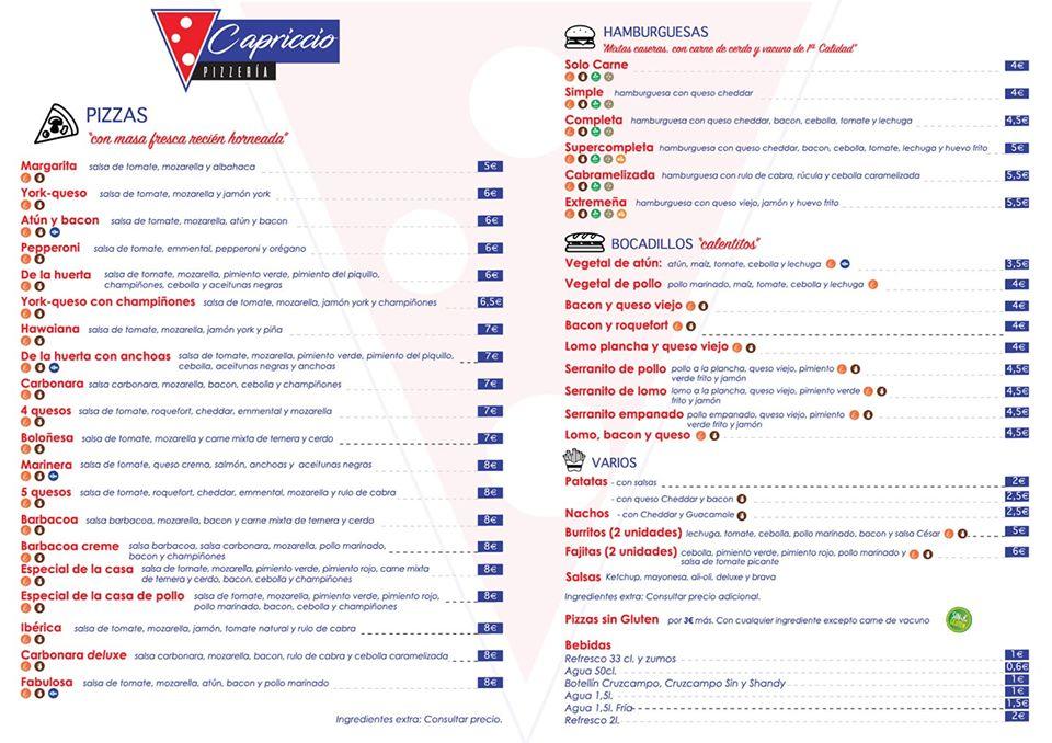 Menu at Pizzeria Capriccio, Fuente de Cantos