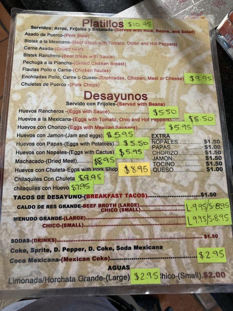 Carta del restaurante Taqueria El Novillo, Houston
