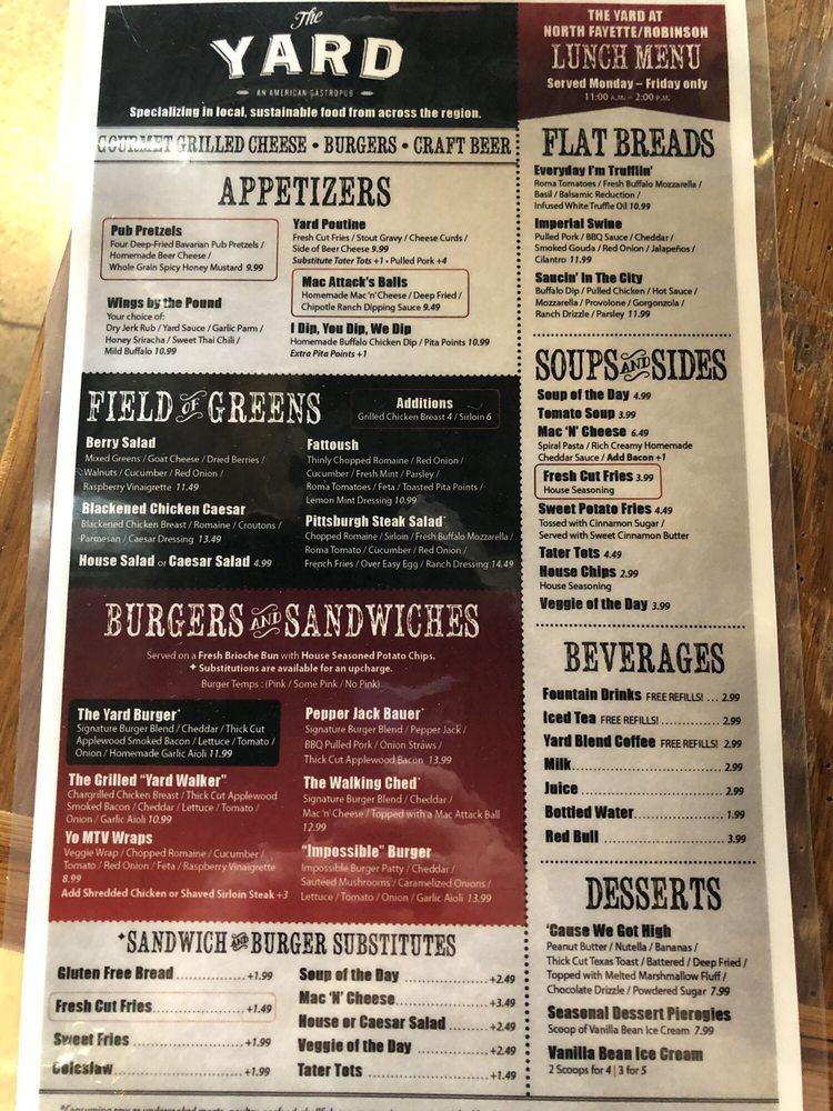 Menu at The Yard pub & bar, Robinson Township