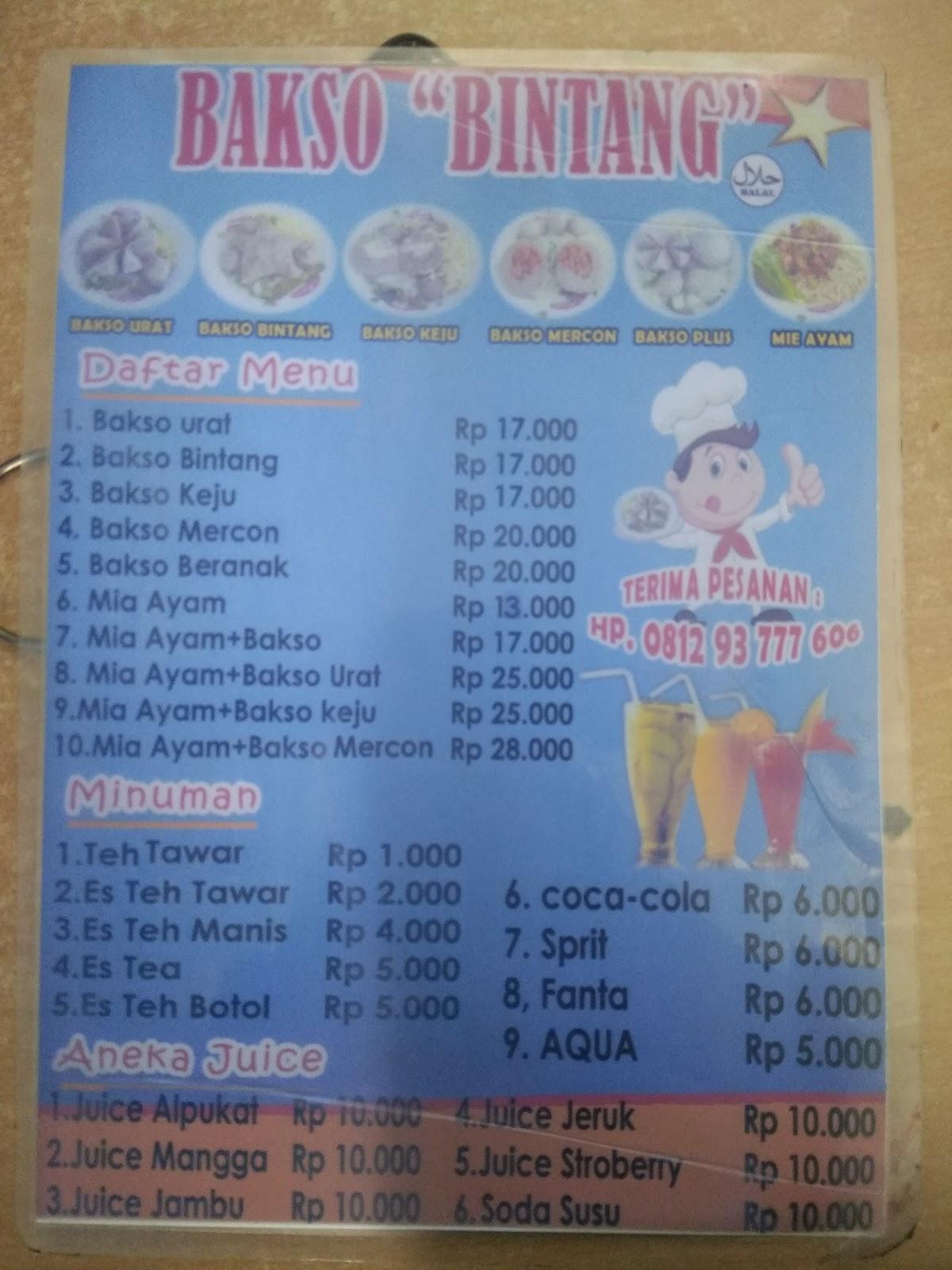 Menu at Bakso Bintang restaurant, Jakarta