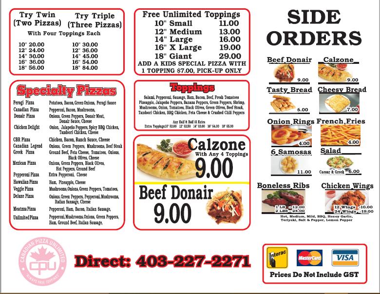 Menu at Canadian Pizza Unlimited innisfail pizzeria, Innisfail