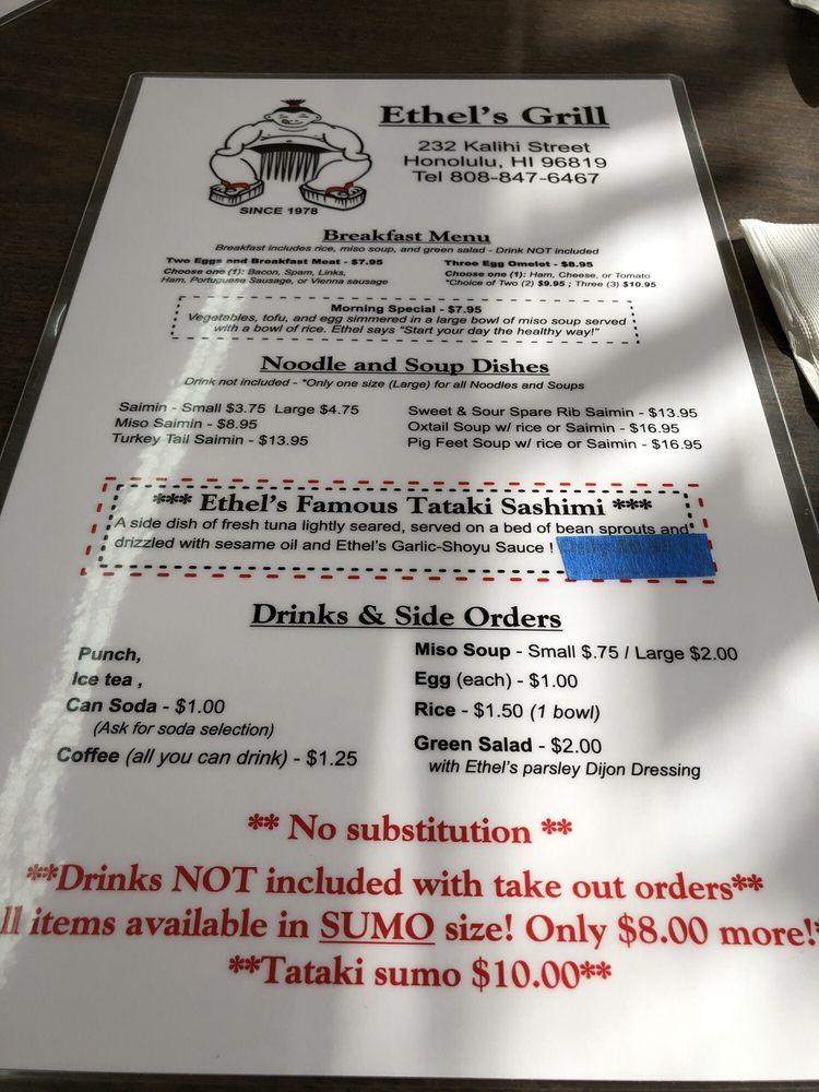 Menu at Ethel's Grill restaurant, Honolulu