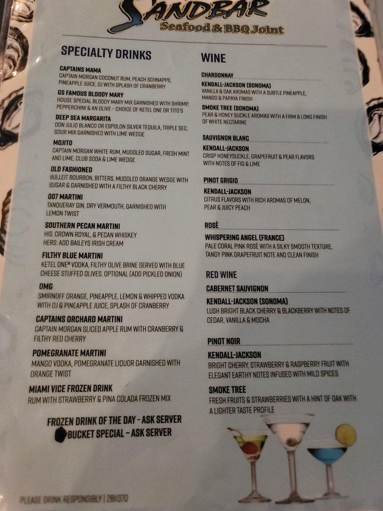 Menu at Sandbar, Panama City Beach