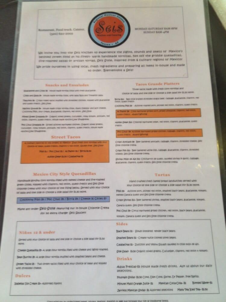 Menu at Seis Kitchen pub & bar, Tucson, 130 South Avenida del Convento #100