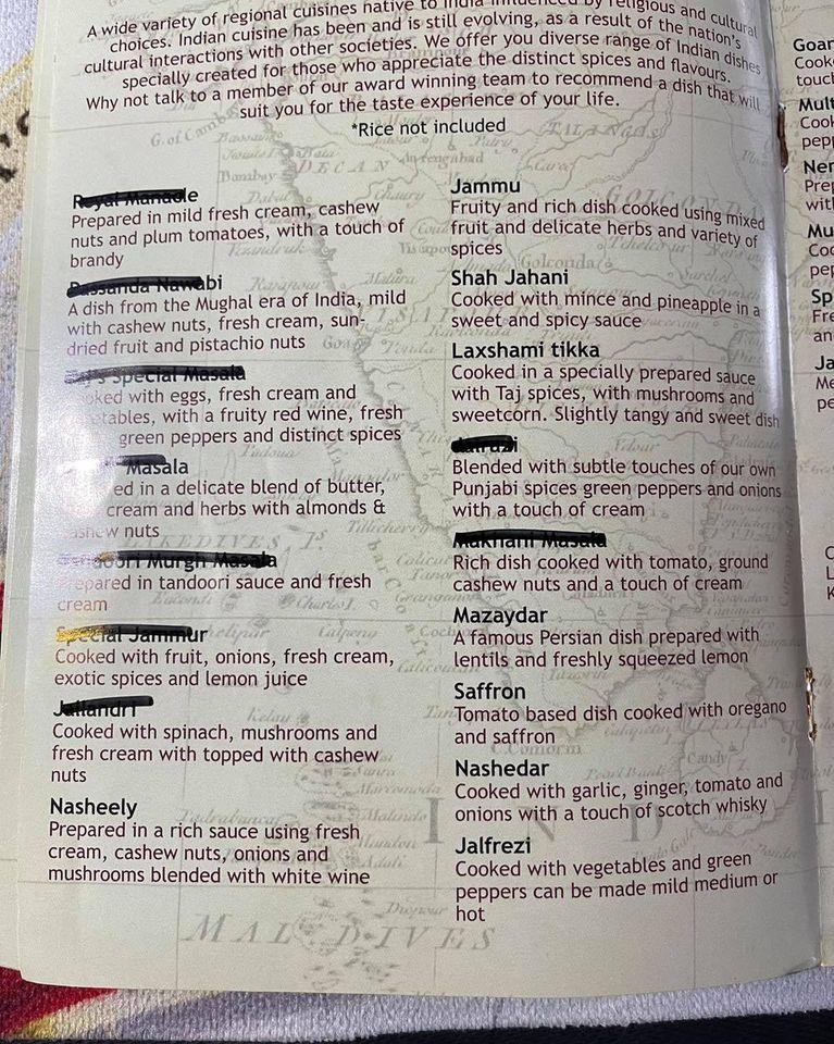 Menu at Taj Mahal restaurant, Biggar