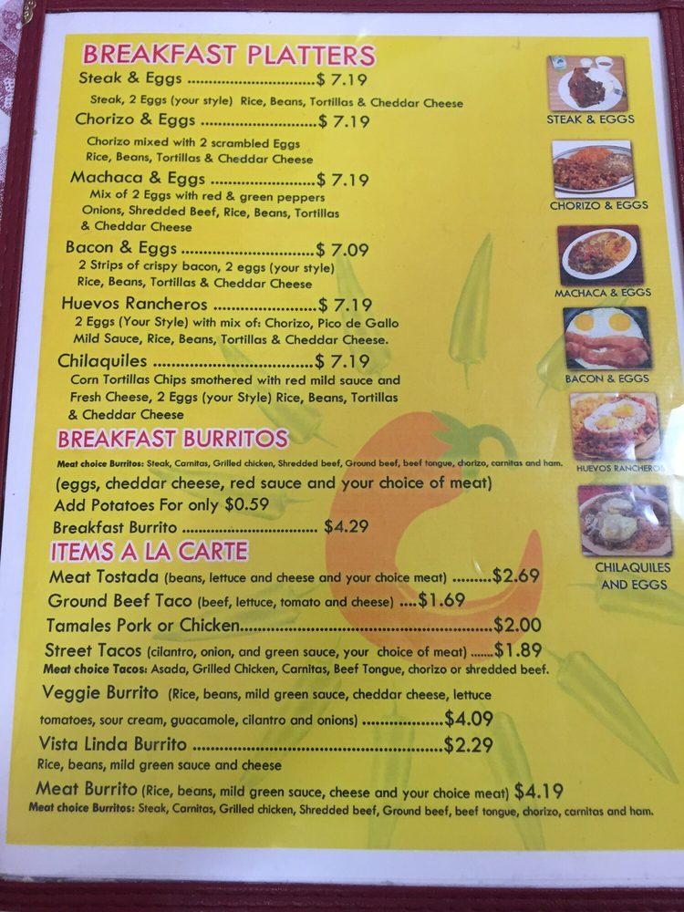 Menu at Vista Linda restaurant, Tooele