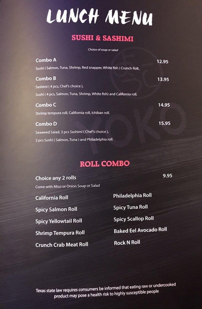 Menu at Yoko Japanese Kitchen restaurant, Cypress