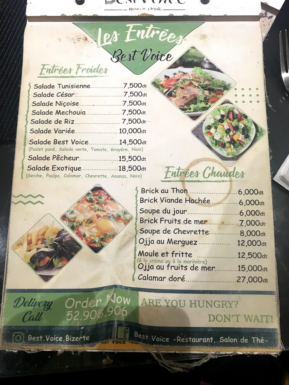 Menu au Best Voice restaurant, Bizerte