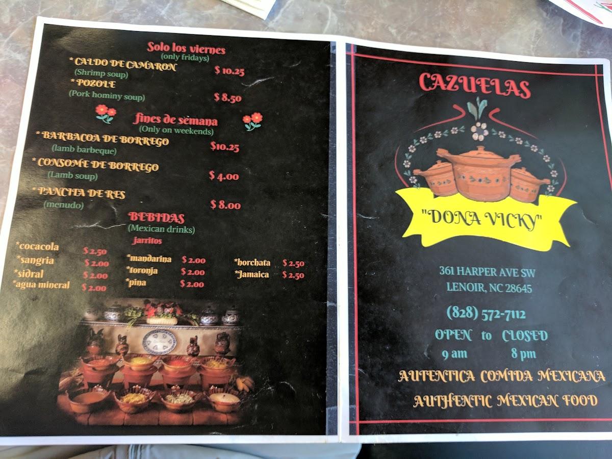 Menu at Cazuelas Dona Vicky restaurant, Lenoir